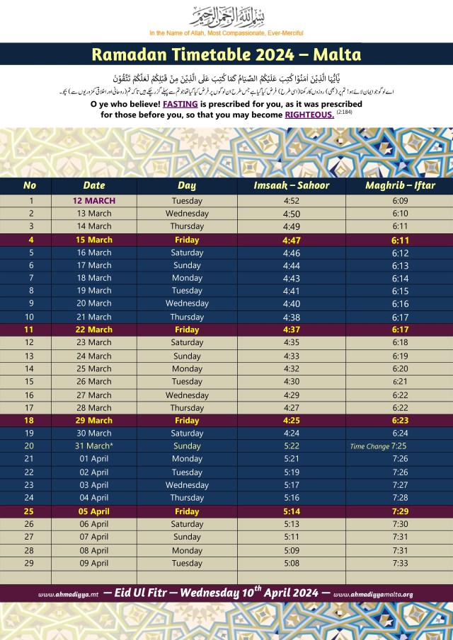 Ramadan Timetable Malta 2024 | Ahmadiyya Muslim Jamaat Malta